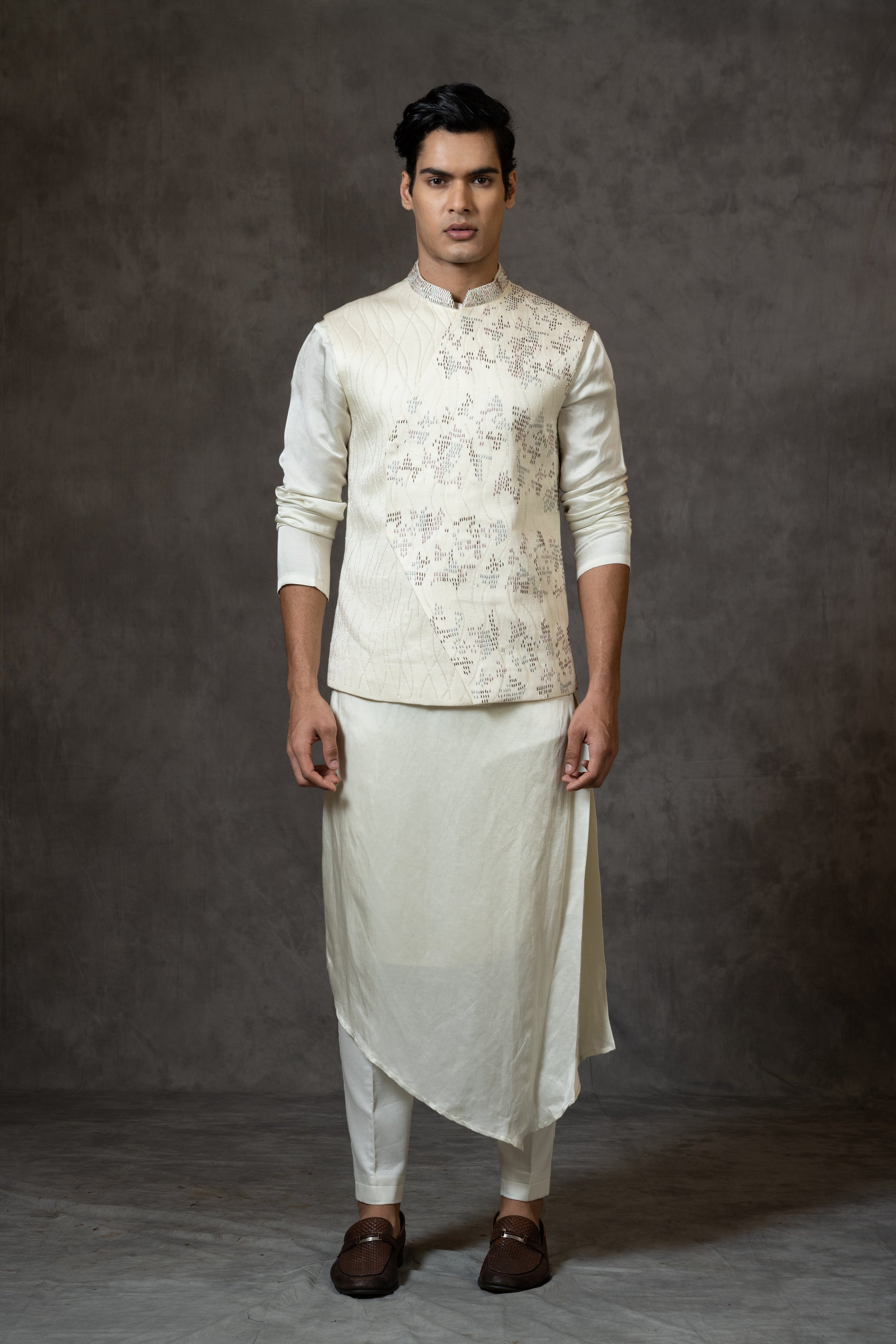 Assymetric Kantha Embroidered Nehru Kurta Set