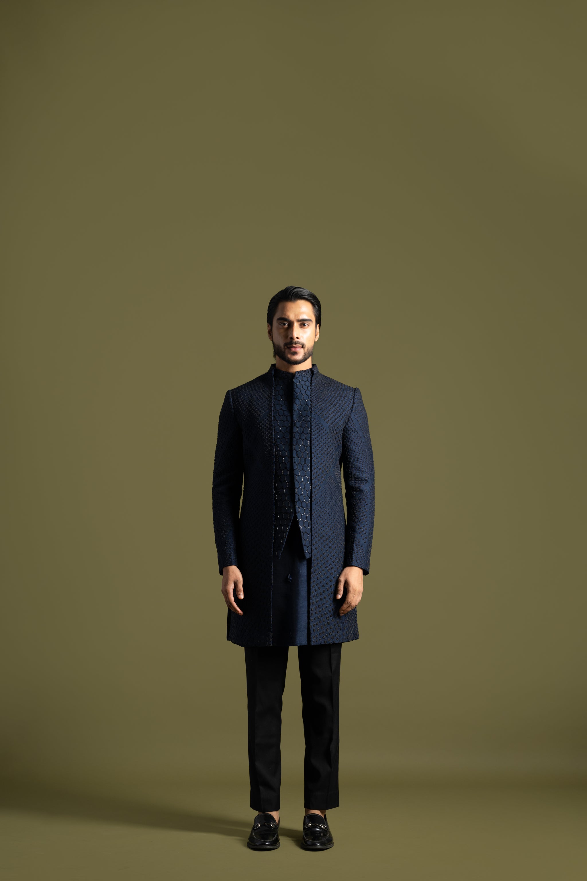 NAVY BLUE HONEYCOMB EMBROIDERED ACHKAN SET