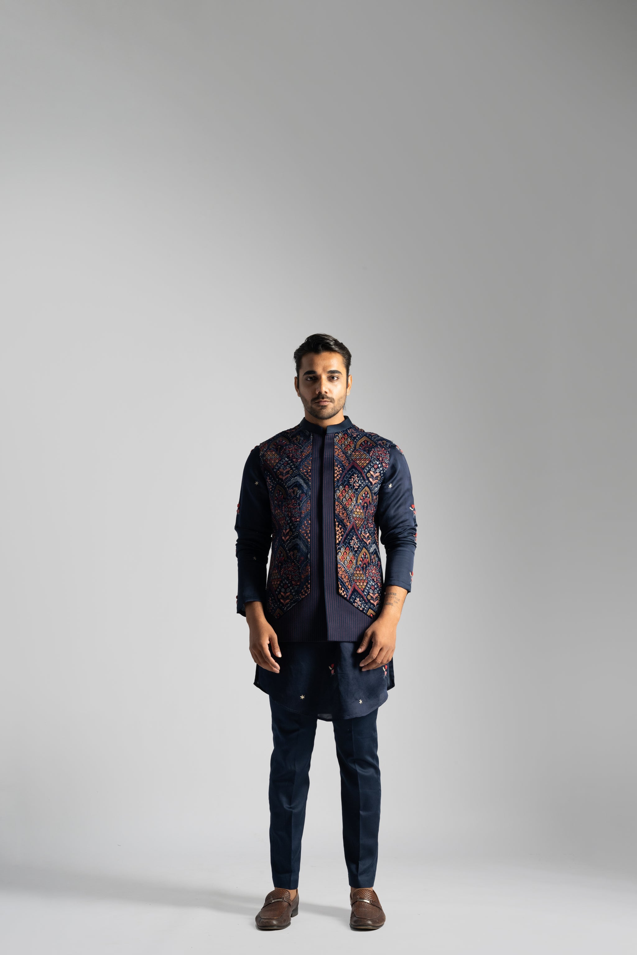 NAVY BLUE MULTICOLOUR THREADWORK NEHRU